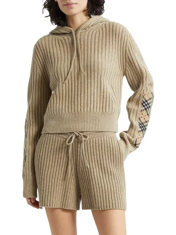 Burberry Phyllis Check Patch Wool & Cashmere Hoodie - Light Brown Melange