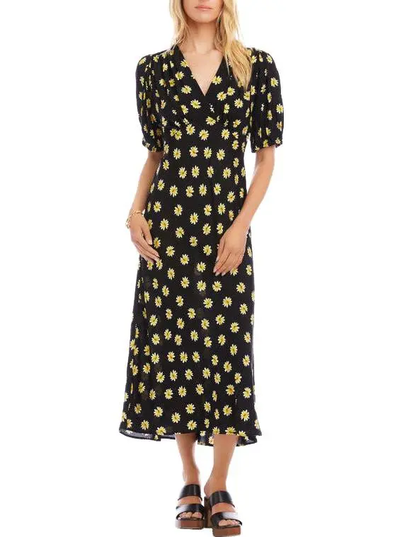 Karen Kane Daisy Print Puff Sleeve Midi Dress - Black Print