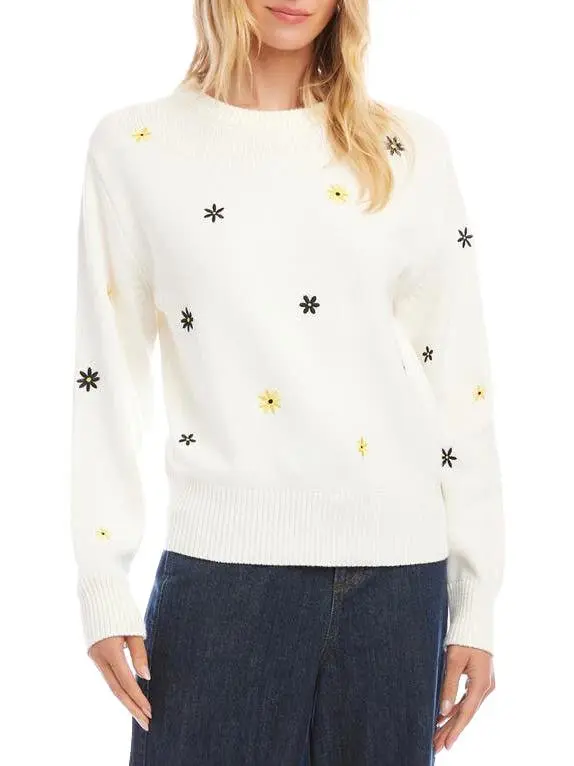 Karen Kane Embroidered Daisy Cotton Blend Sweater - White