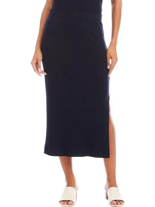 Karen Kane Ribbed Side Slit Midi Skirt - Navy