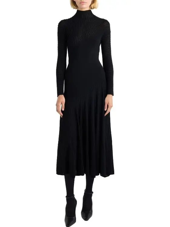Alaïa Twisted Rib Long Sleeve Wool Blend Dress - Noir Alaia