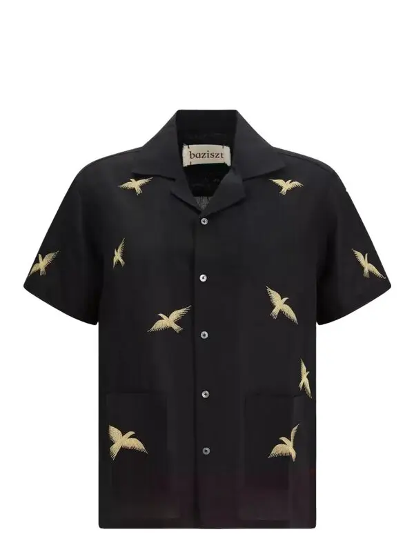 BAZISZT Bird-embroidered Pocket Shirt - Black