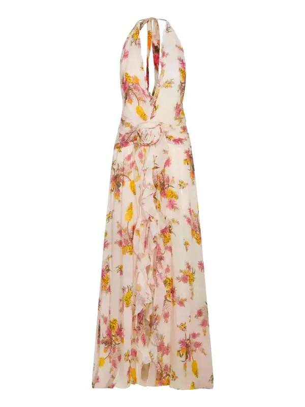 Blumarine Floral-print Dress With Ruffles - Neutrals