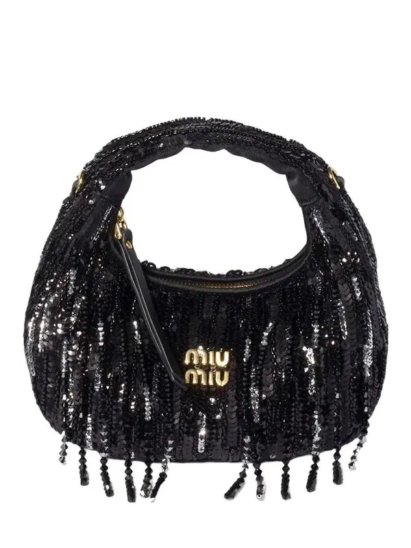 Miu Miu Wander Satin Mini-bag With Crystal And Sequin Fringe - Black