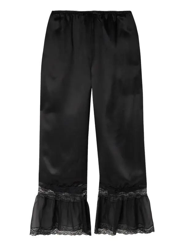 Saint Laurent Ruffled Lace-trimmed Silk-satin Wide-leg Pants - Black