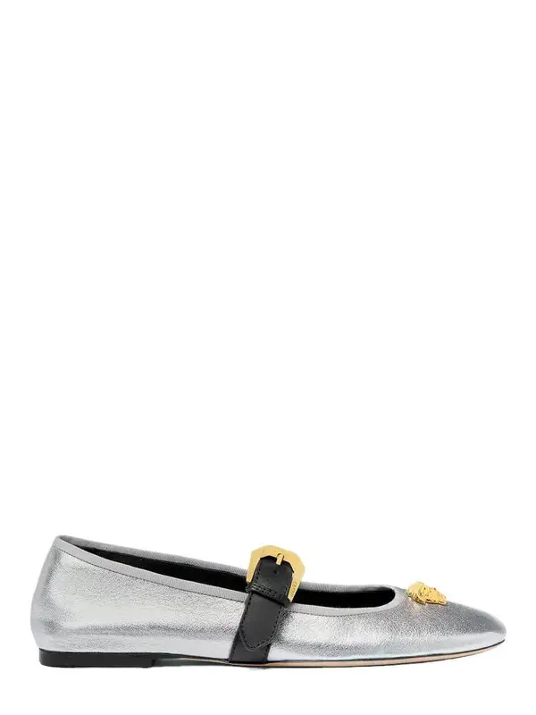 Versace Metallic Leather Ballet Flats With Medallion Hardware - Silver