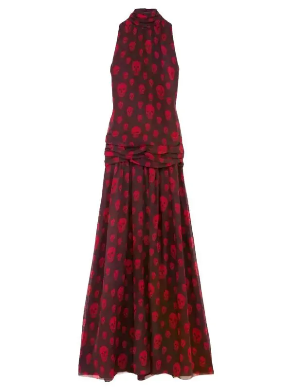 Alexander McQueen Skull-print High-neck Maxi Dress - Red