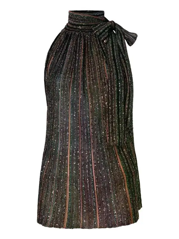 Missoni Tie-neck Striped Ribbed Knit Sleeveless Top - Black