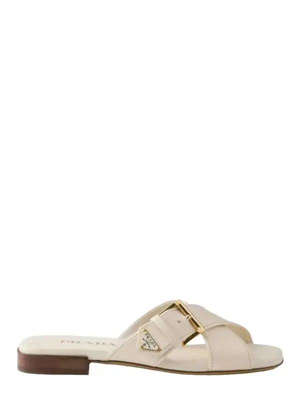 Prada Leather Criss-cross Buckle Slides - Neutrals