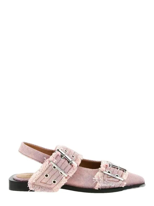 GANNI Buckle Fringed Denim Flat Pumps - Pink
