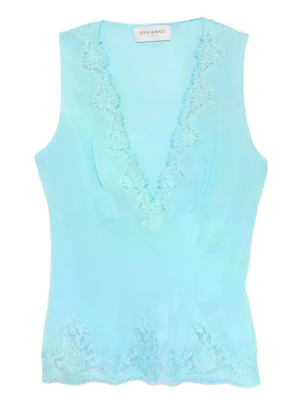 ERMANNO FIRENZE Lace-detail V-neck Top - Blue