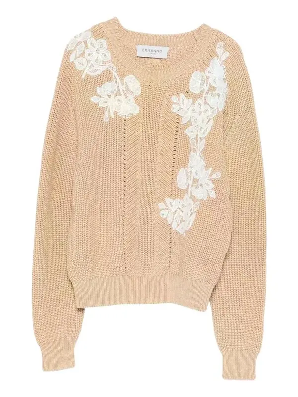 ERMANNO FIRENZE Floral-embroidered Crew Neck Sweater - Neutrals