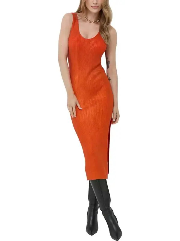 Patrizia Pepe Split Ribbed Midi Dress - Orange