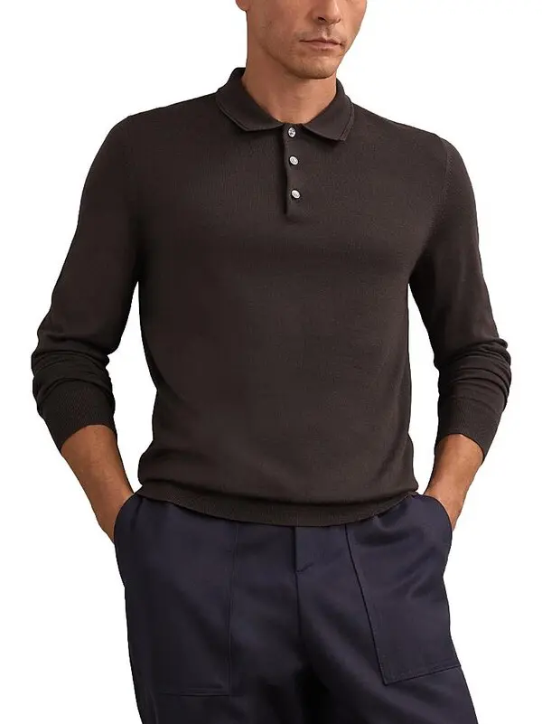 REISS Merin Long Sleeve Polo Shirt - Chocolate