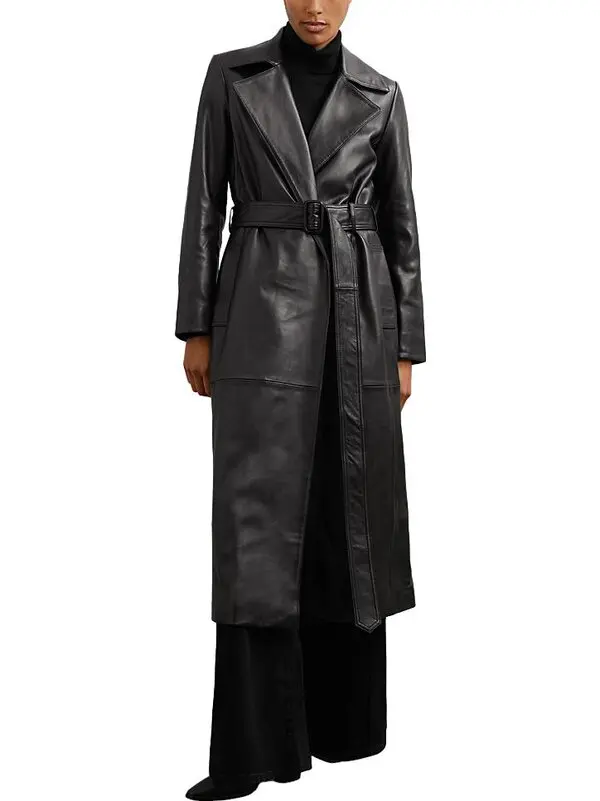 REISS Estee Leather Trench Coat With Shearling Collar - Black