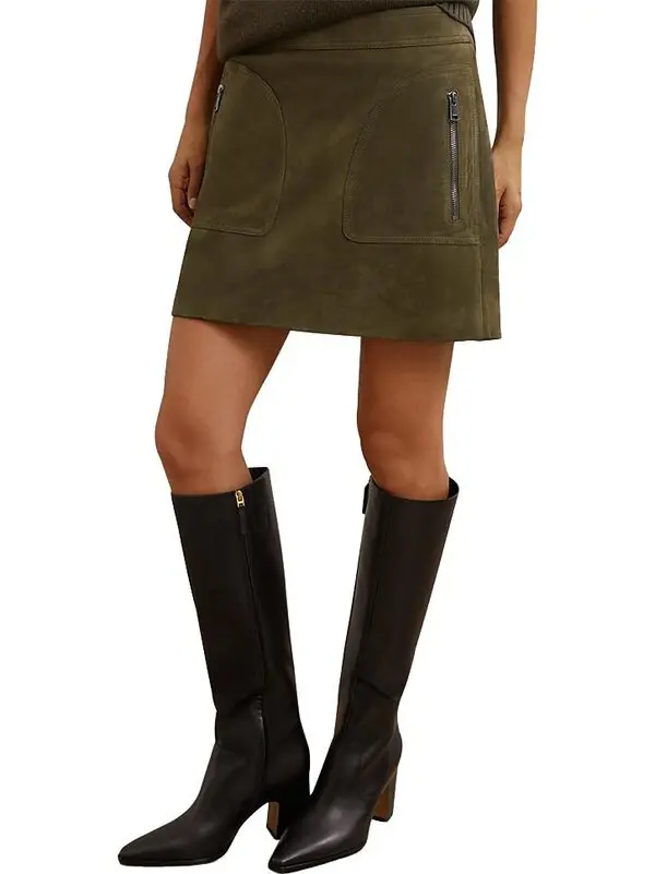 REISS Tate Mini Suede Skirt - Khaki Green