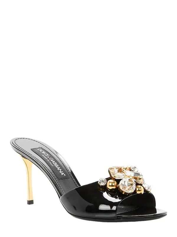 Dolce & Gabbana Patent Leather Crystal Cluster Mules - Black/gold/crystal