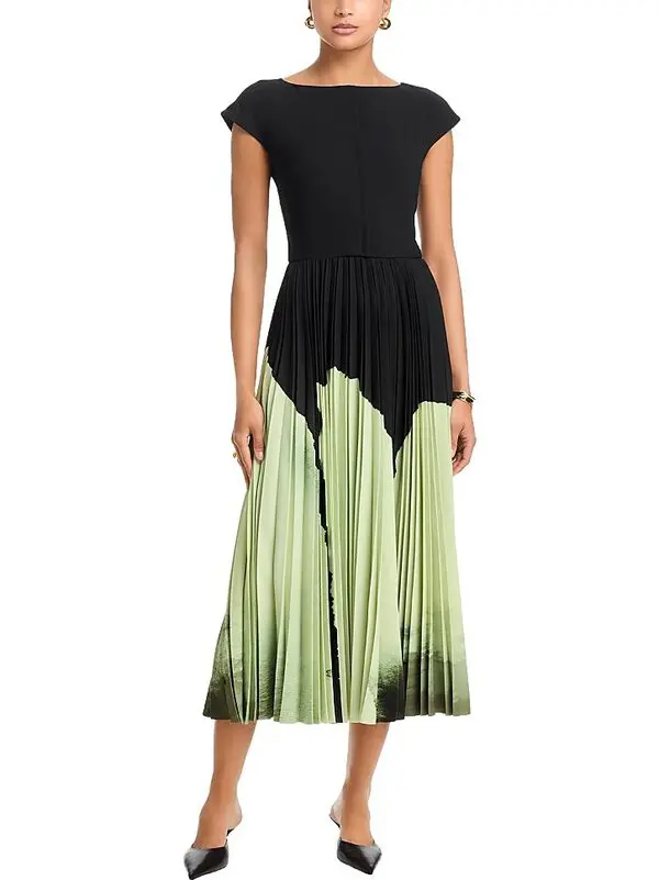 JASON WU Watercolor Floral Matte Crepe Pleated Dress - Nori/light Jade Multi