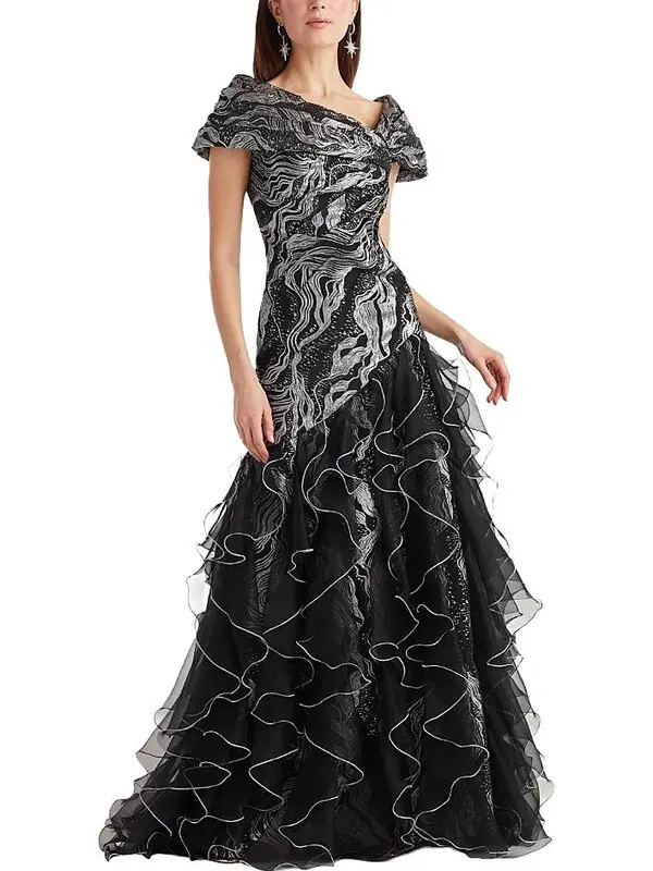 Tadashi Shoji Cosmina Stardust Motif Gown - Silver/black
