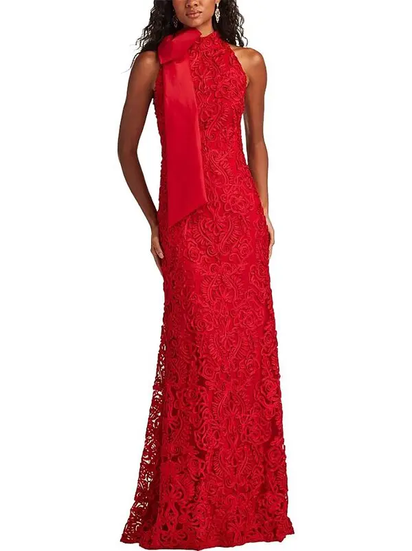 Tadashi Shoji Iria Shoulder Bow Lace Halter Gown - Cherry