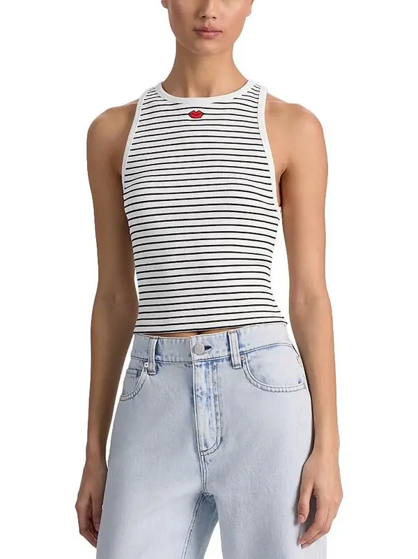 Alice + Olivia Allen Embroidered Tank Top - Off White/black Stripe