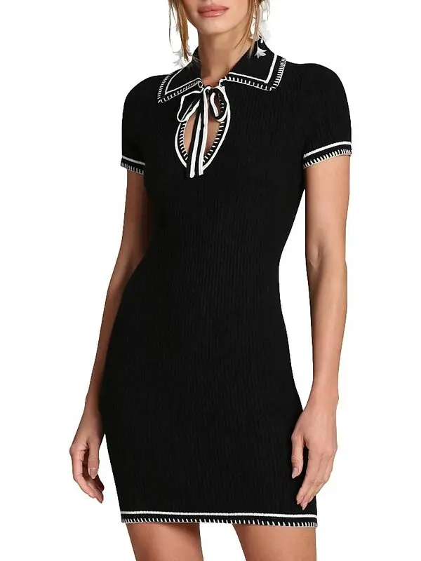 Avec Les Filles Tie Neck Fitted Mini Dress - Black/cream