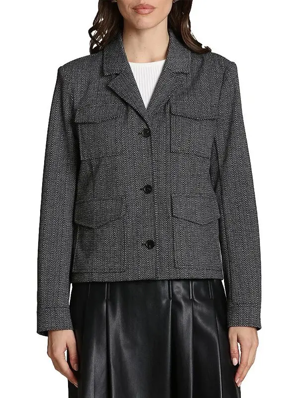 Bagatelle Notch Collar Knit Jacquard Jacket - Black Herringbone
