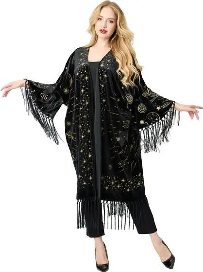 Unique Vintage Burnout Fringe Kimono - Black & Gold