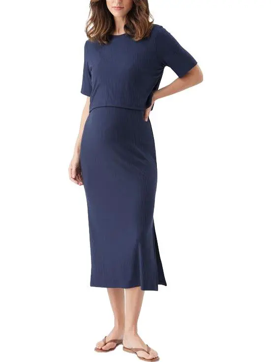 RIPE MATERNITY Ivy Rib Nursing Midi Dress - Navy