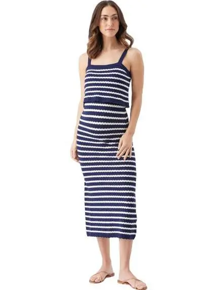 RIPE MATERNITY Pointelle Knit Nursing Midi Dress - Navy/white