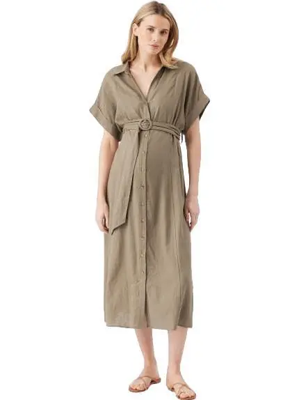 RIPE MATERNITY Linen Nursing Shirt Dress - Olive