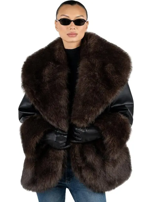 WeWoreWhat Cocoon Faux Fur Jacket - Black/drk Brown
