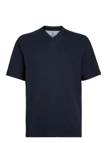 Brunello Cucinelli Cotton Jersey V-neck T-shirt - Navy Blue