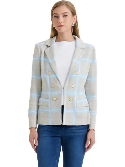 Ming Wang Plaid Knit Blazer - Limestone/serene/white