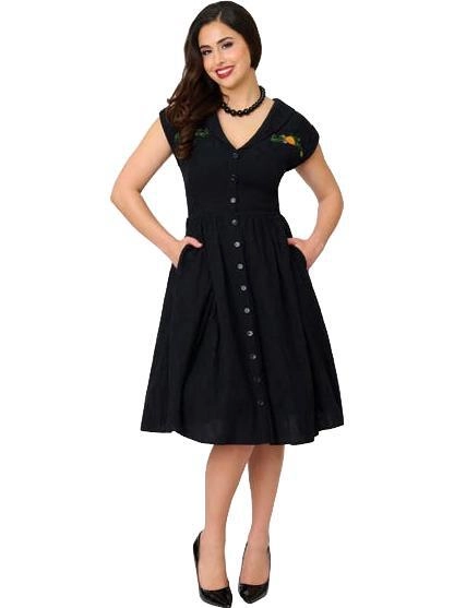 Unique Vintage Cafe Swing Dress - Black Pumpkin Embriodered
