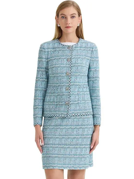 Ming Wang Braided Trim Tweed Knit Jacket - Serene/nebula/lime/blk/wht