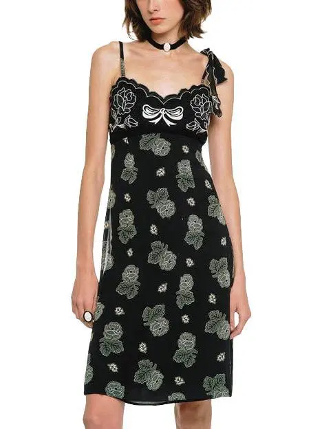 Anna Sui Sketch Roses Chiffon Embroidery Slip Dress - Black