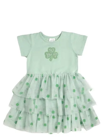 SWEET WINK Flocked Shamrock St. Patrick's Day Tiered Tutu Dress - Mint Green