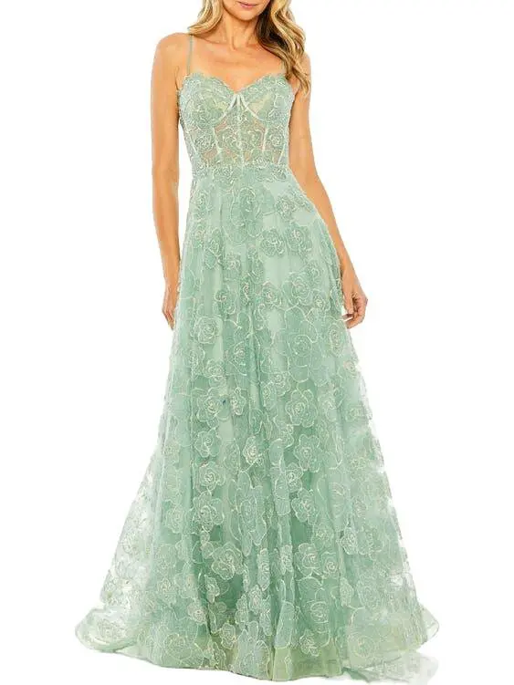 Mac Duggal Embroidered Floral Corset A-line Gown - Mint