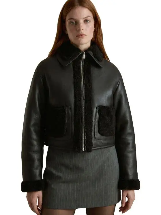 FURNIQ UK Julia Shearling Cropped Leather Jacket - Black