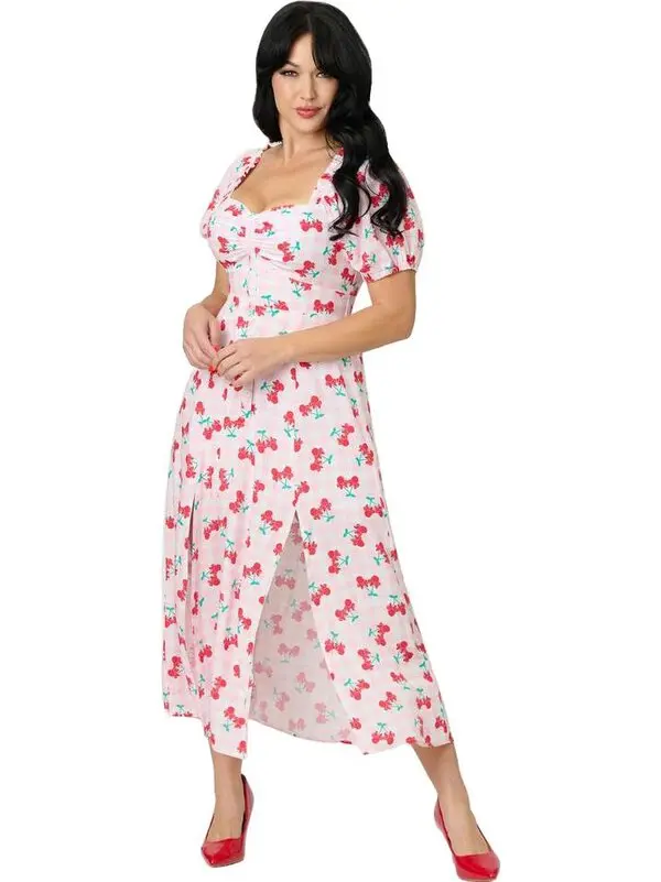 Unique Vintage Sweetheart Bardot Sleeve Midi Dress - Pink Gingham W/cherries