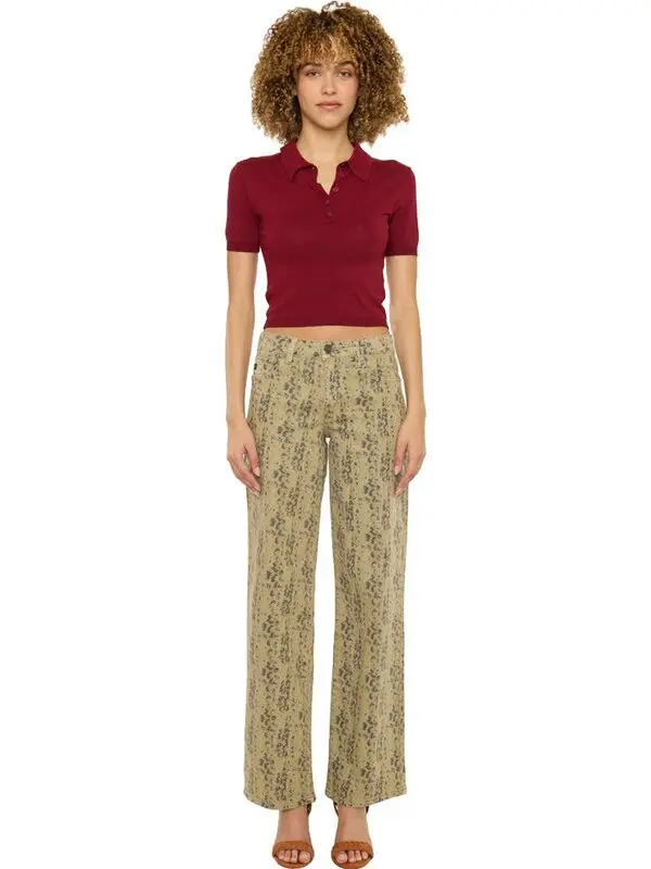 KANCAN Renae Mid Rise Slim Wide Leg Jeans - Olive Snakeskin