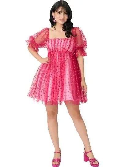 SMAK PARLOUR Puff Sleeve Babydoll Mini Dress - Hot Pink W/hearts