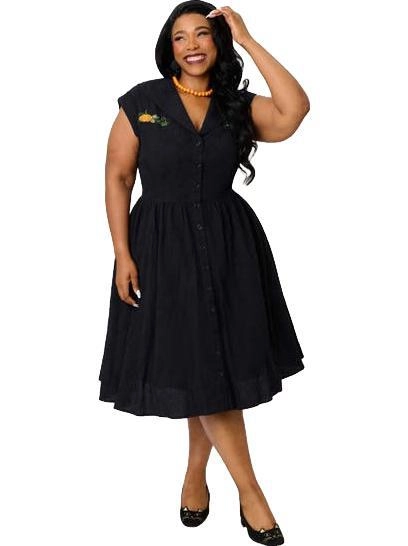 Unique Vintage Cafe Swing Dress - Black Pumpkin Embriodered