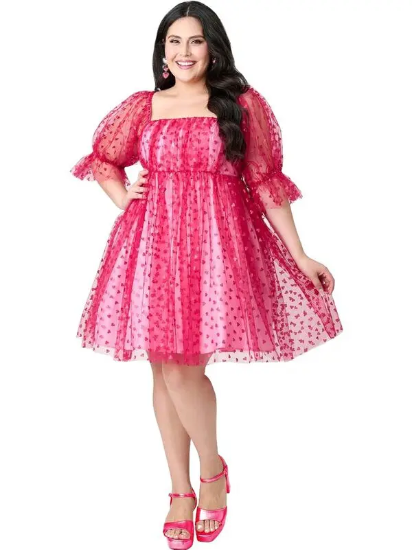 SMAK PARLOUR Puff Sleeve Babydoll Dress - Hot Pink W/hearts