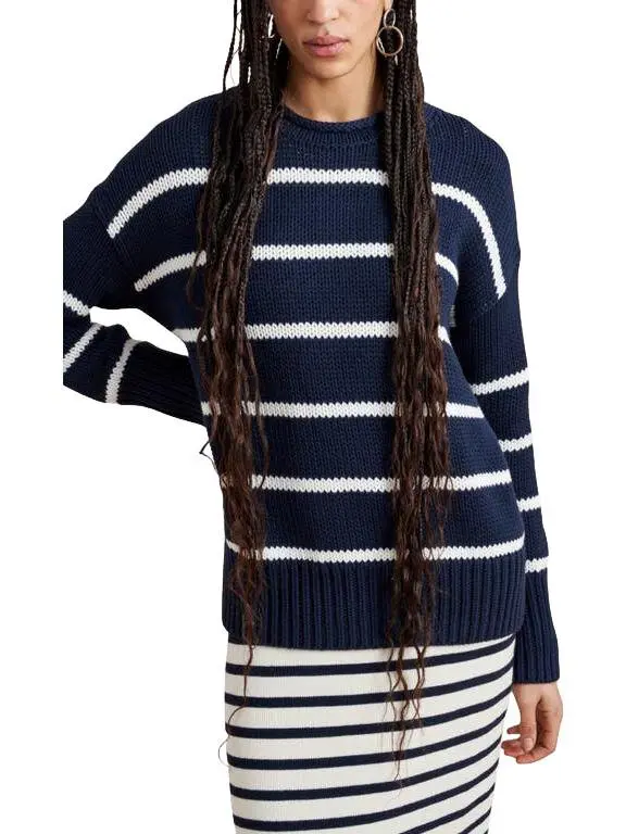 LA LIGNE Marina Striped Cotton Sweater - Navy/cream