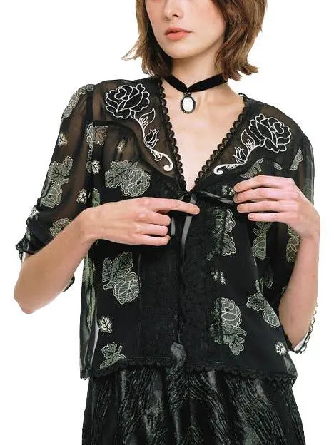 Anna Sui Floral Embroidered Chiffon Bed Jacket - Black