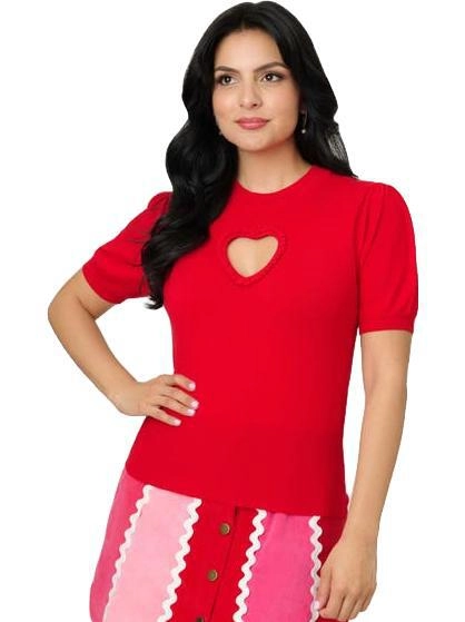 SMAK PARLOUR Printed Heart Cutout Knit Sweater - Solid Red