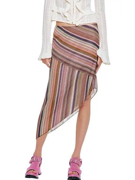 Anna Sui Wavy Chevron Knit Asymmetrical Stripe Skirt - Mauve Multi