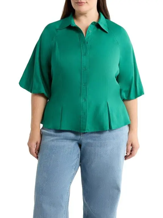 Wit & Wisdom Bubble Sleeve Button-up Top - Lake Green